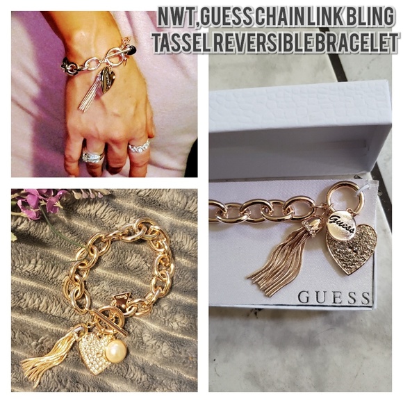 Guess | Jewelry | Nib Guess Chain Link Tassel Studded Logo Bracelet ...